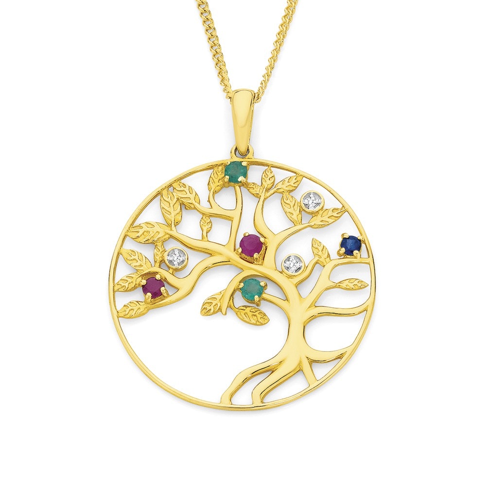 9ct Gold Ruby, Emerald, Sapphire & Diamond Tree of Life Pendant - Angus ...