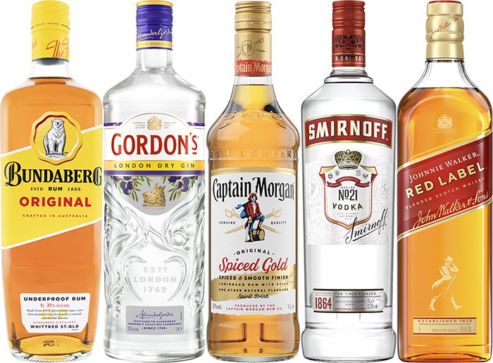 Bundaberg Rum U.P, Gordon’s London Dry Gin, Captain Morgan Spiced Gold ...